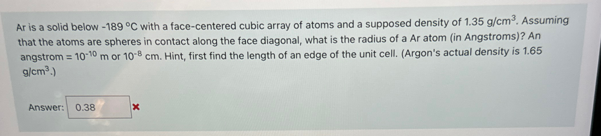 Solved Ar is a solid below -189°C ﻿with a face-centered | Chegg.com