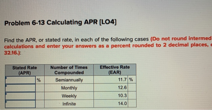Solved Problem 6-13 Calculating APR (LO4) Find the APR, or | Chegg.com