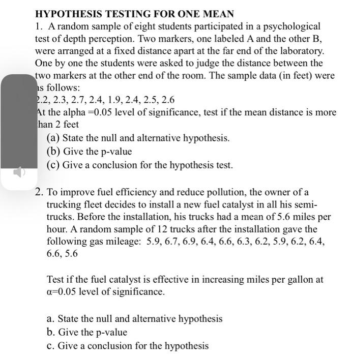 Solved HYPOTHESIS TESTING FOR ONE MEAN 1. A random sample of | Chegg.com