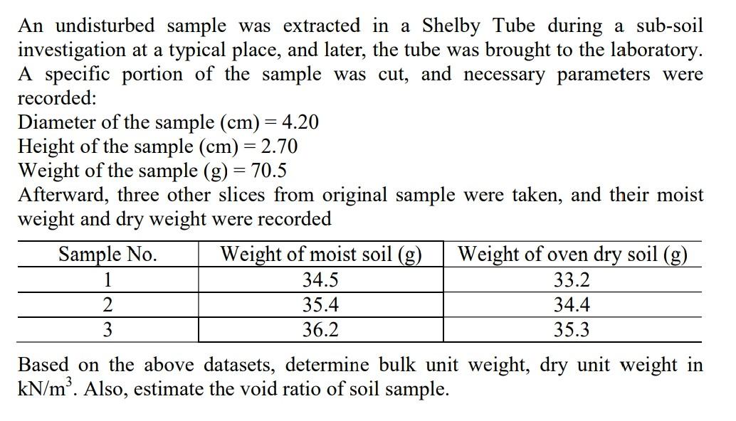 Solved = An undisturbed sample was extracted in a Shelby | Chegg.com