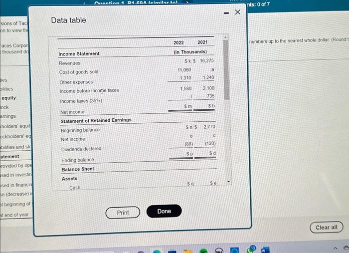 Solved Data table numbers up to the nearest whole dollar | Chegg.com