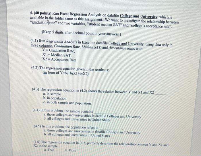 4. (40 points) Run Excel Regression Analysis on | Chegg.com