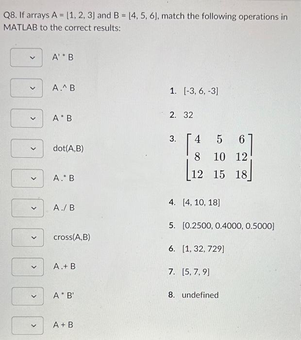 Solved Q8. If arrays A=[1,2,3] and B=[4,5,6], match the | Chegg.com