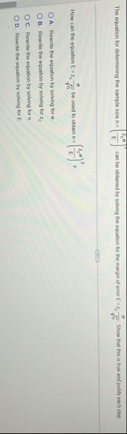 Solved The equation for determining the sample size | Chegg.com