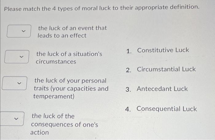 Solved Please match the 4 types of moral luck to their | Chegg.com