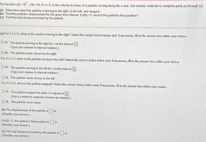 Solved The function v(t) = 31²-24t+45, 0 st≤5, is the | Chegg.com