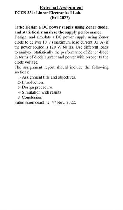 Solved External Assignment ECEN 334: Linear Electronics I | Chegg.com