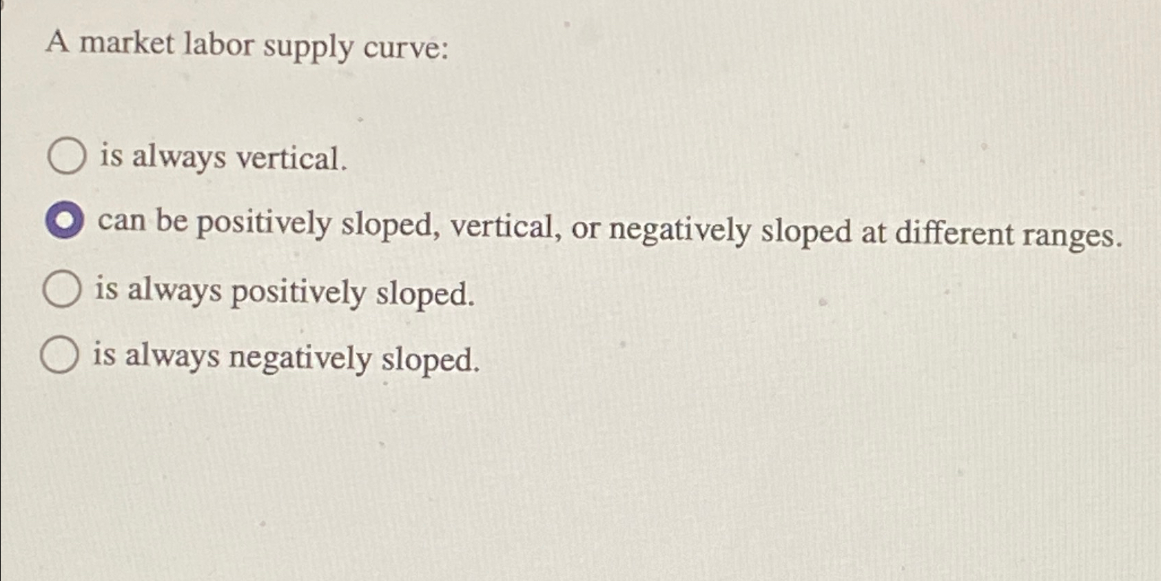 Solved A market labor supply curve:is always vertical.can be | Chegg.com