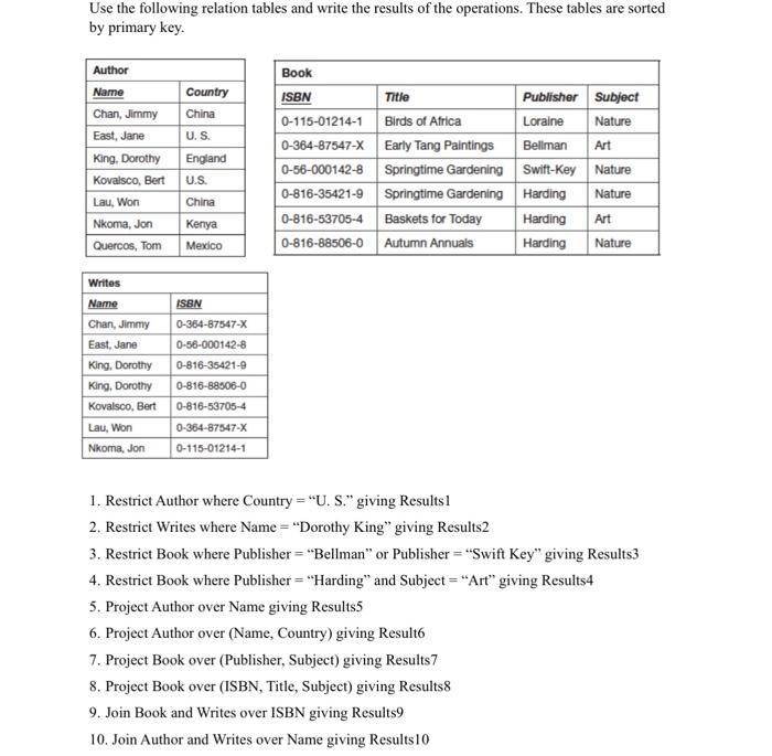 Solved Use the following relation tables and write the | Chegg.com Solved Use the following relation tables and write the | Chegg.com