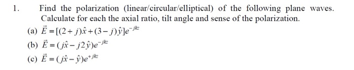 Solved 1. Find the polarization (linear/circular/elliptical) | Chegg.com