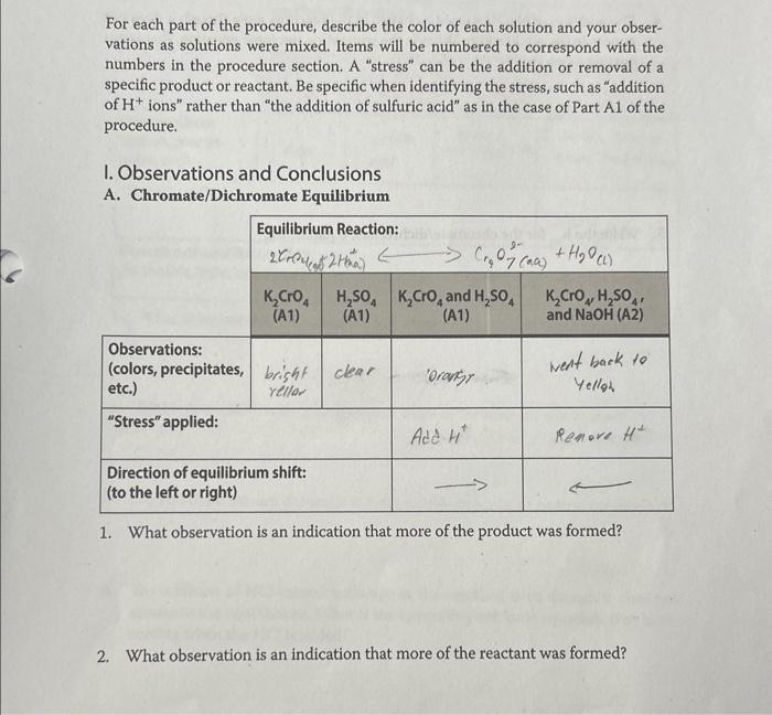 Solved For each part of the procedure, describe the color of | Chegg.com