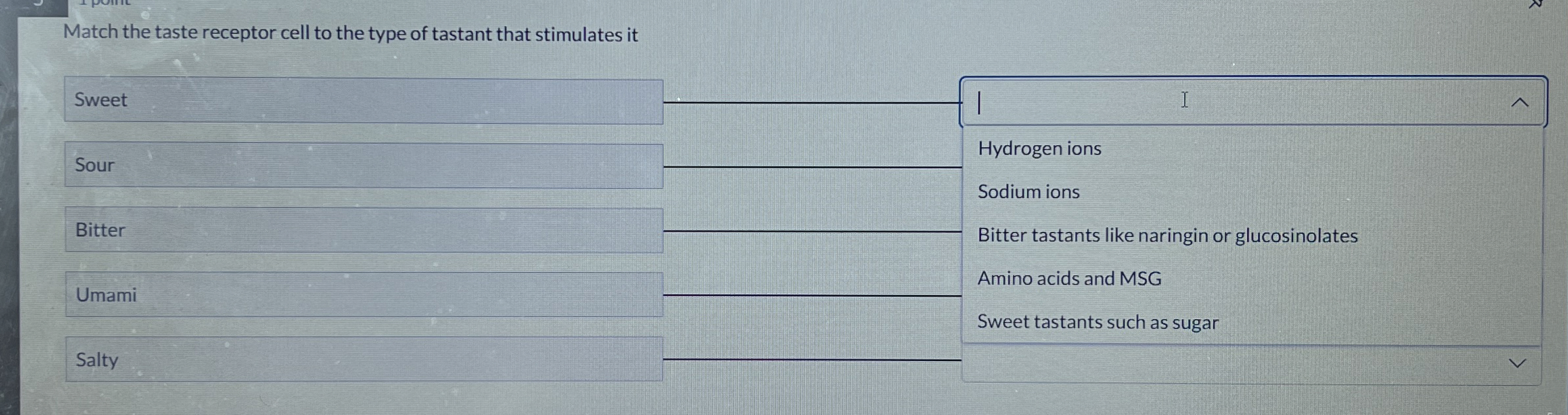 Solved Match the taste receptor cell to the type of tastant | Chegg.com