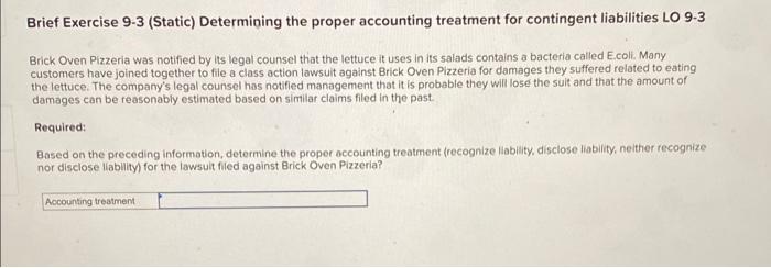 Solved Brief Exercise 9-3 (Static) Determining the proper | Chegg.com