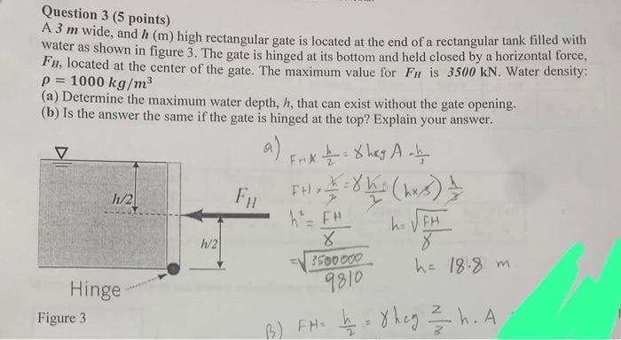 Solved Question 3 (5 points) A 3m wide, and h( m) high | Chegg.com