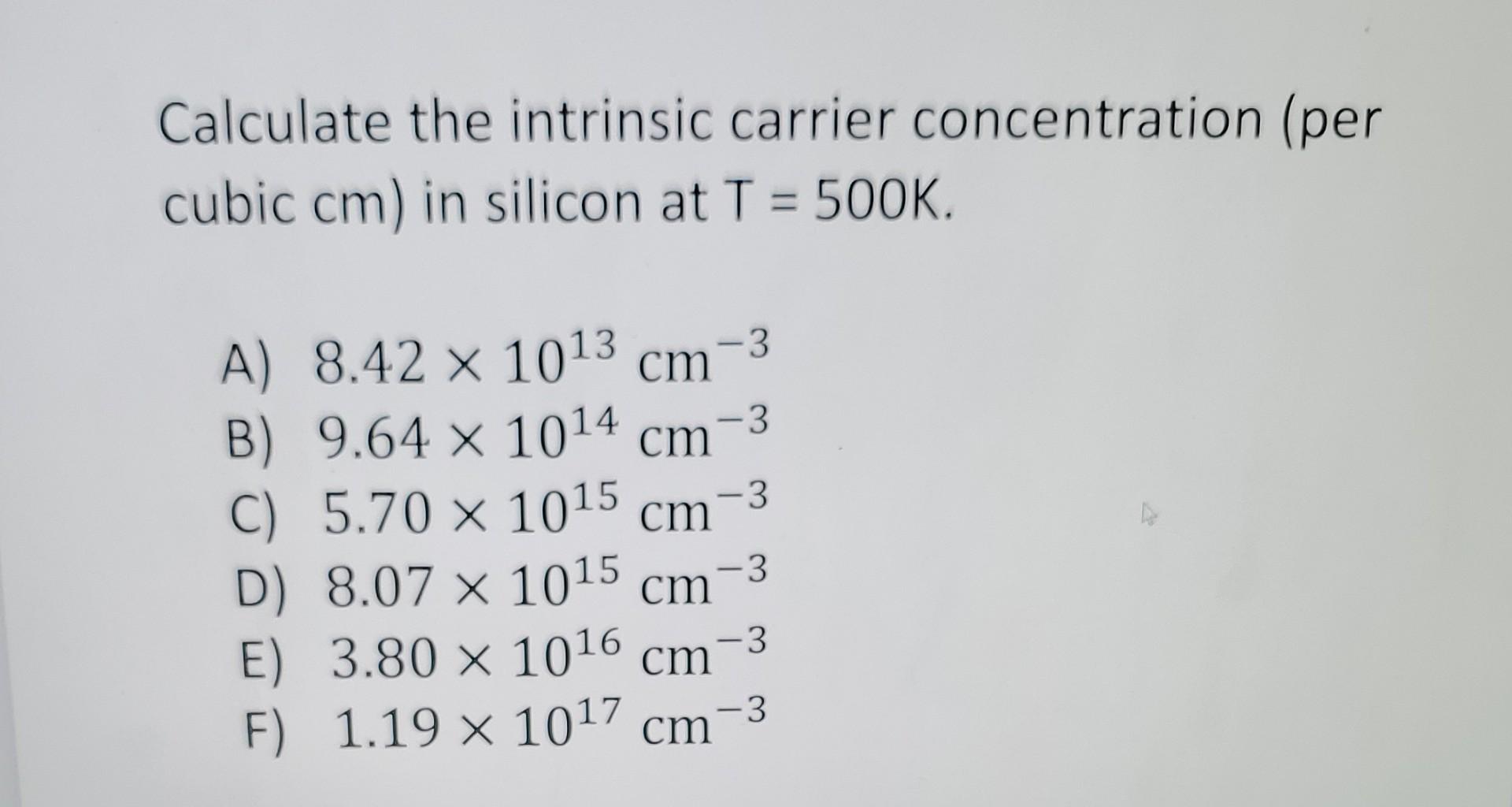 Solved Calculate the intrinsic carrier concentration (per | Chegg.com