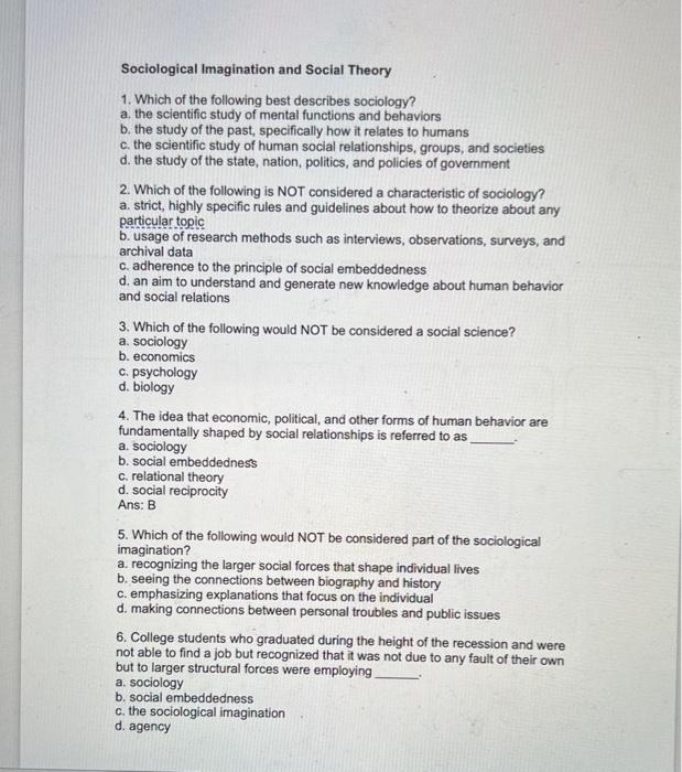 Sociological Imagination and Social Theory 1. Which | Chegg.com