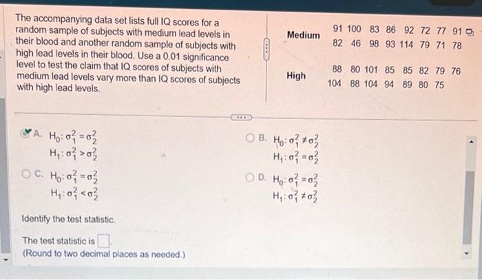 Solved The accompanying data set lists full IQ scores for a | Chegg.com