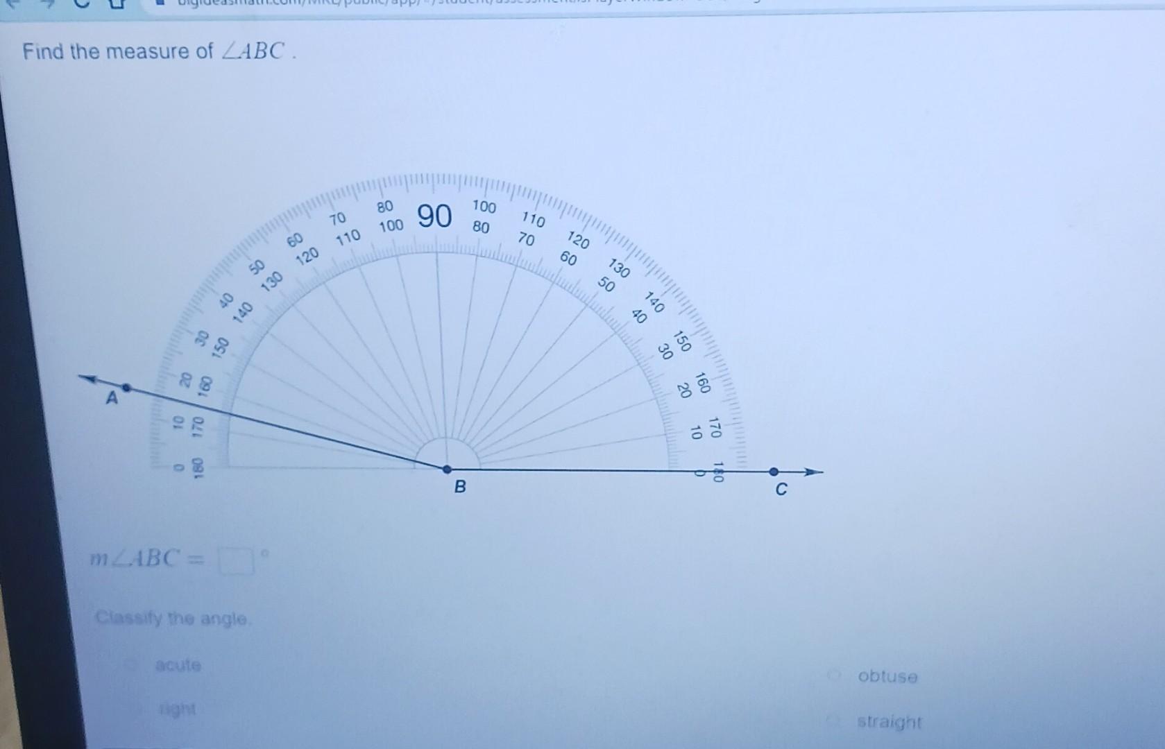 Solved Find the measure of ∠ABC. m∠ABC= (thasify the angle | Chegg.com