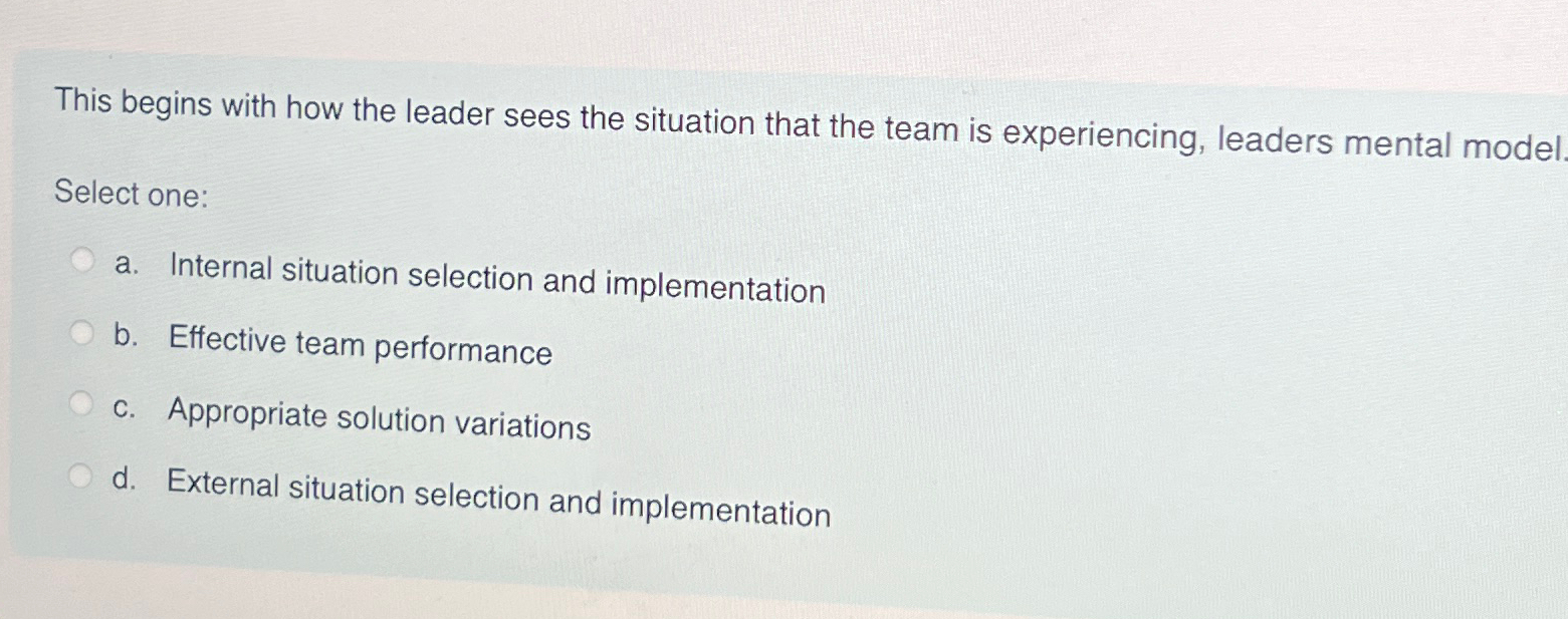 Solved This begins with how the leader sees the situation | Chegg.com