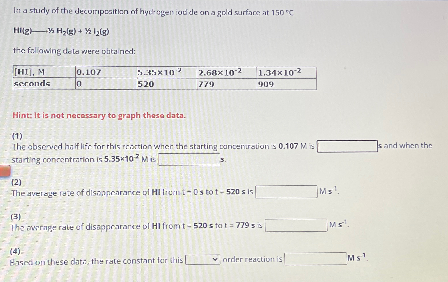 Solved In a study of the decomposition of hydrogen iodide on | Chegg.com