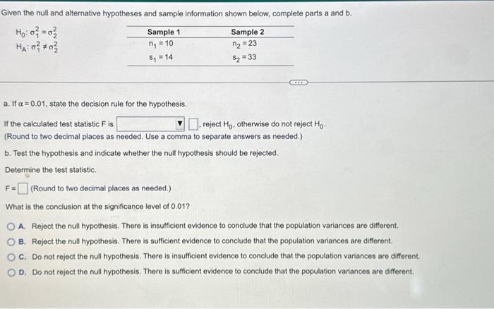 Solved Given the null and alternative hypotheses and sample | Chegg.com