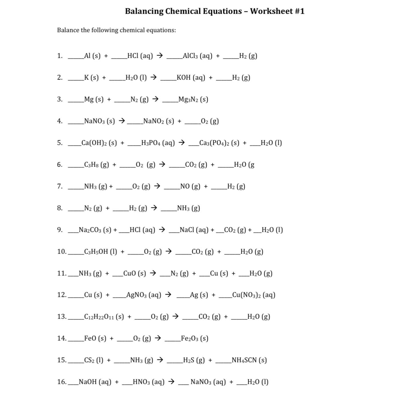 Solved Balancing Chemical Equations - ﻿Worksheet #1Balance | Chegg.com