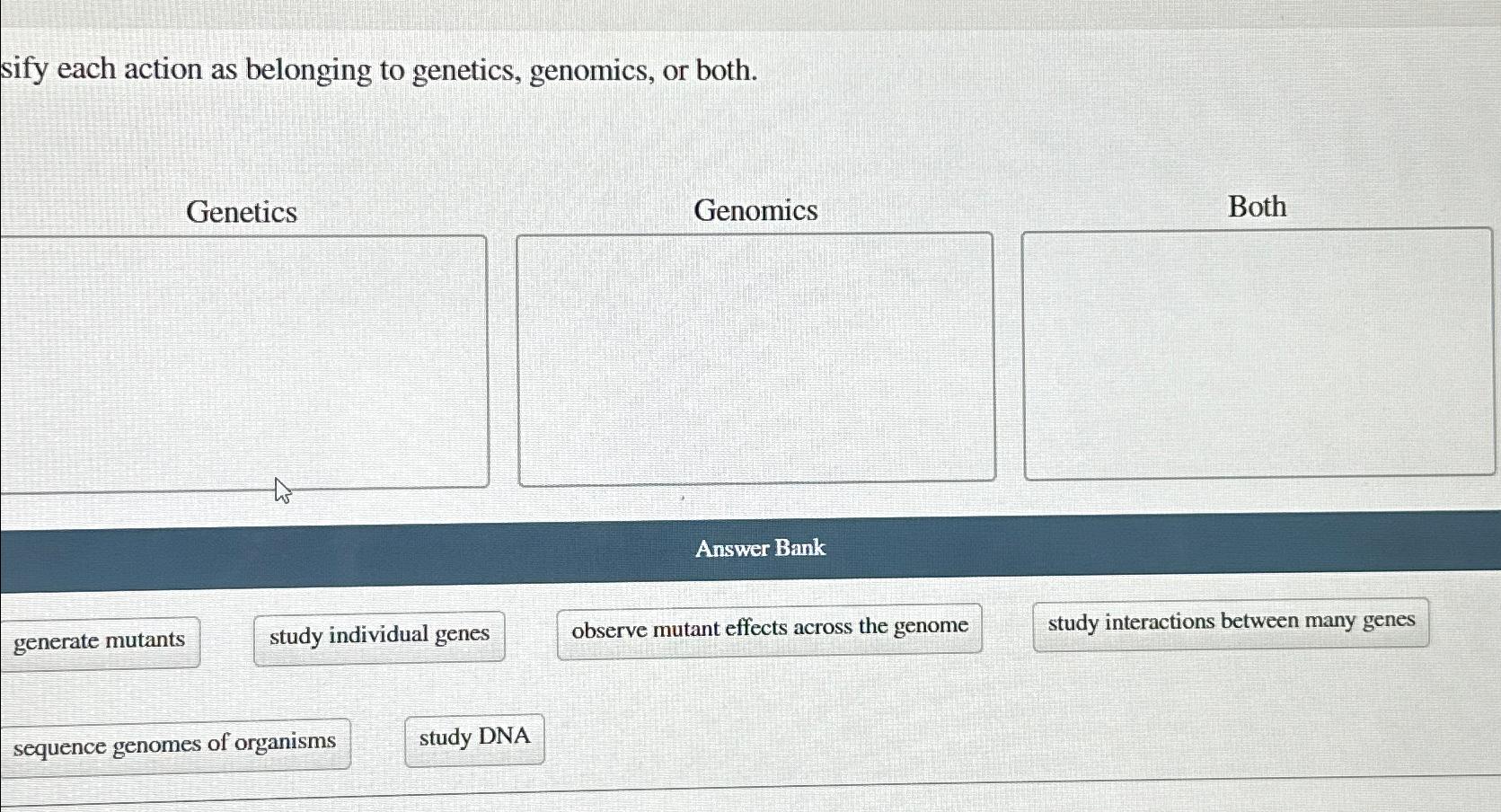Solved sify each action as belonging to genetics, genomics, | Chegg.com