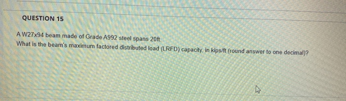 Solved QUESTION 15 A W27x94 beam made of Grade A992 steel | Chegg.com
