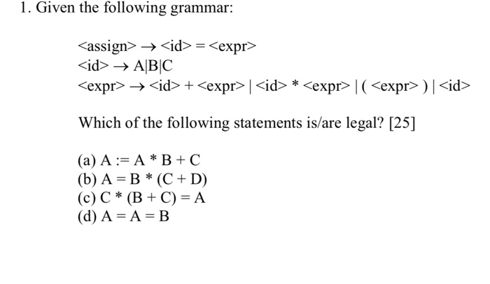 Solved 1. Given the following grammar: → = → ABC → + | Chegg.com