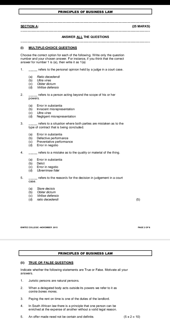 Solved PRINCIPLES OF BUSINESS LAWSECTION A:(25 ﻿MARKS)ANSWER | Chegg.com