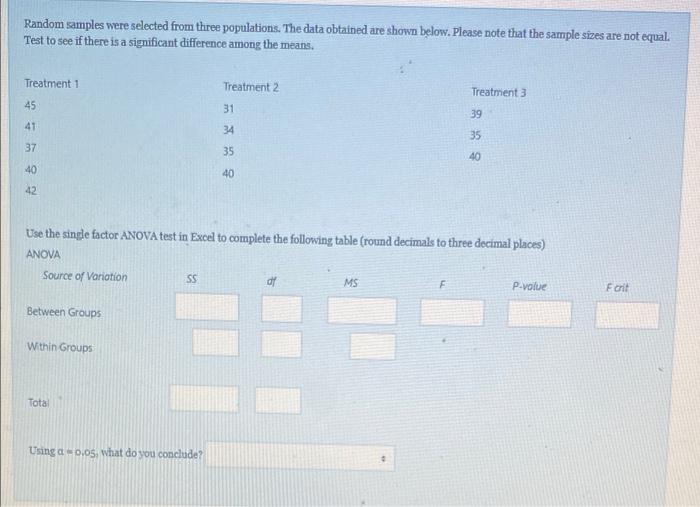 Solved Random samples were selected from three populations. | Chegg.com