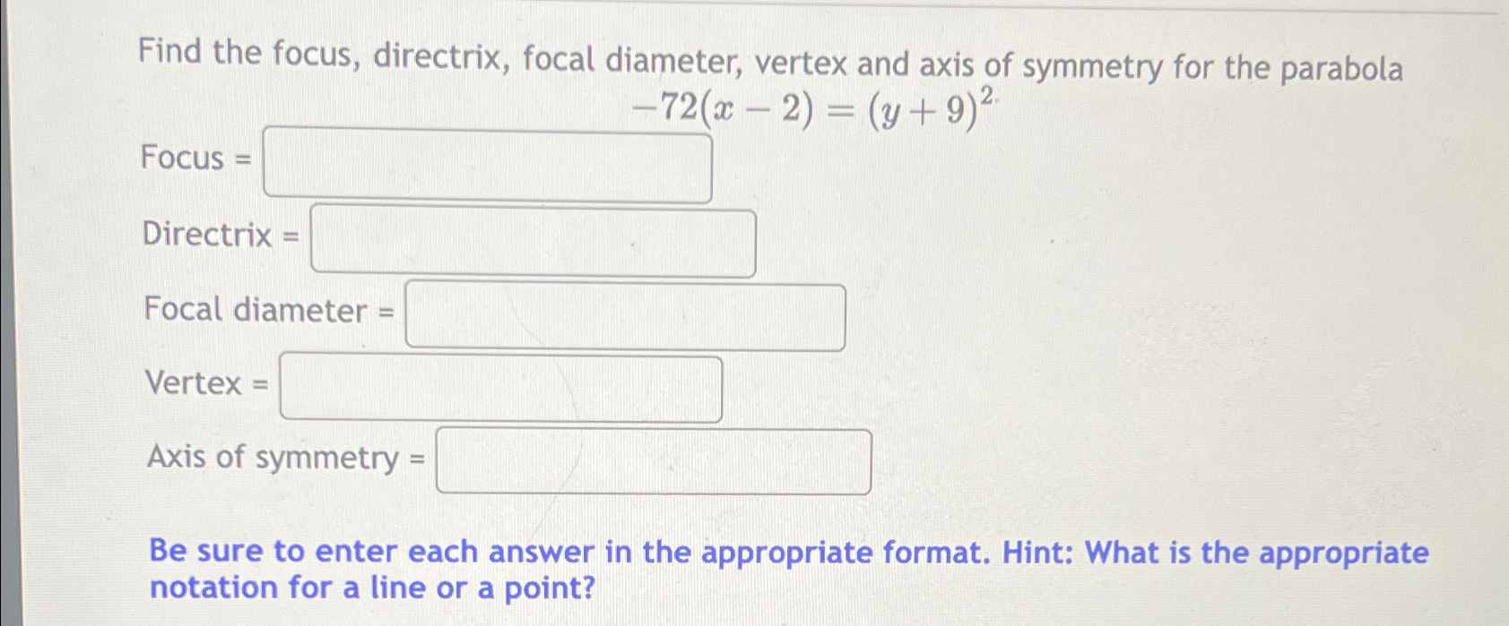 Solved Find the focus, directrix, focal diameter, vertex and | Chegg.com