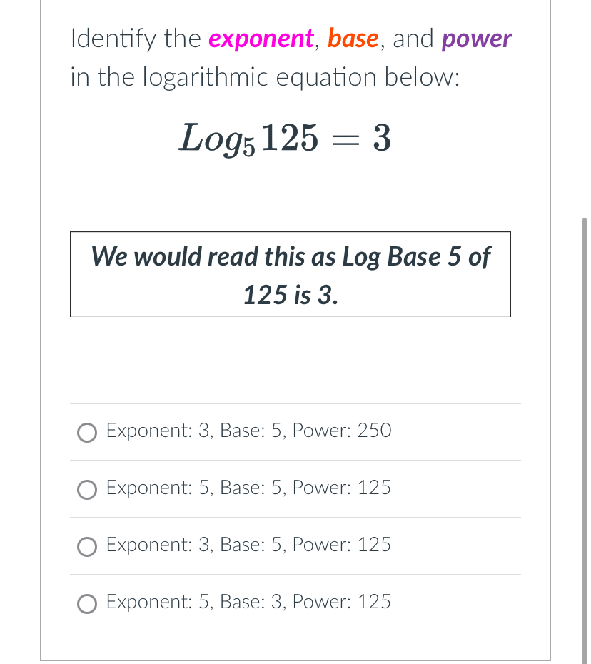 Solved Identify the exponent, base, and power in the | Chegg.com