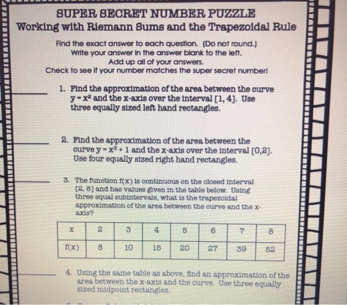 Solved SUPER SECRET NUMBER PUZZLE Working with Riemann Sums | Chegg.com