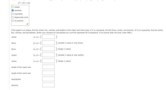 Solved y20x + 271 ipse parabola hyperbola degenerate conic | Chegg.com