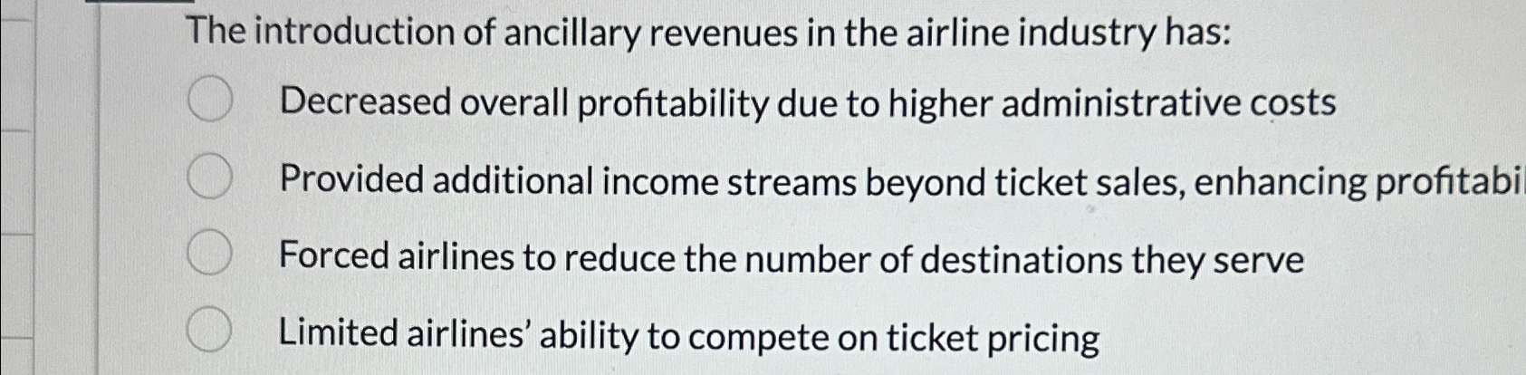 Solved The introduction of ancillary revenues in the airline | Chegg.com
