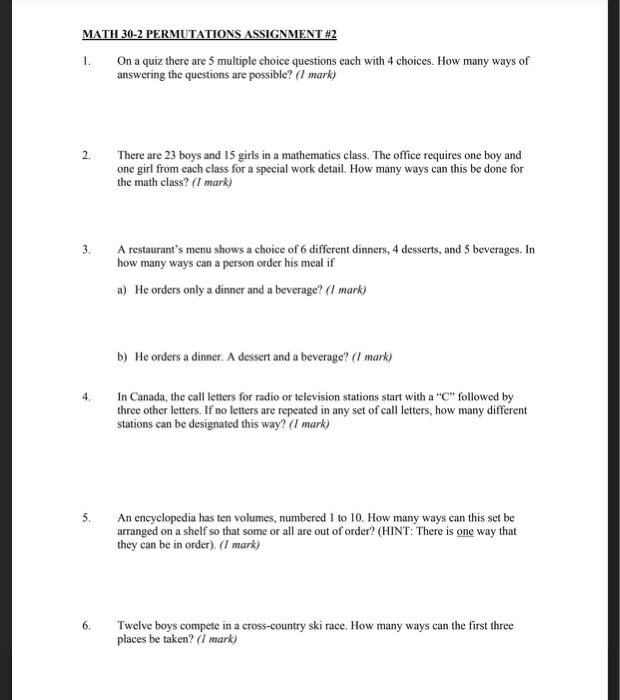 Solved MATH 30-2 PERMUTATIONS ASSIGNMENT #2 1. On a quiz | Chegg.com