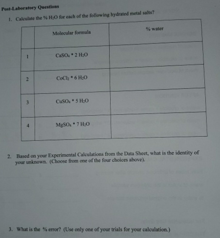 Solved Post-Laboratory Questions 1. Calculate the % H2O for | Chegg.com