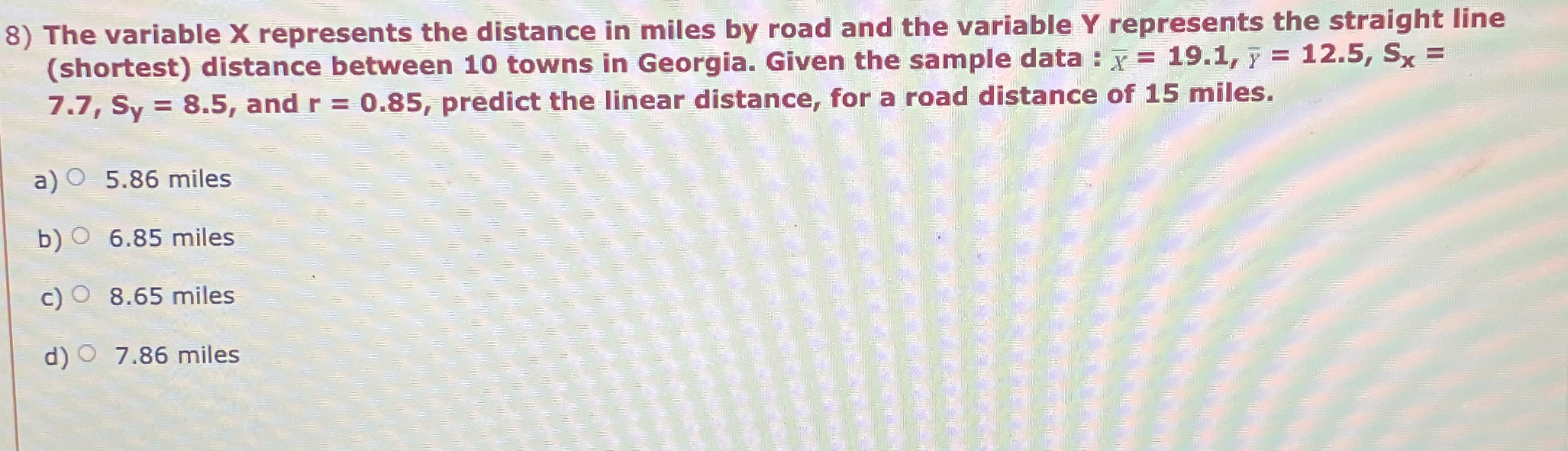 Solved The variable x ﻿represents the distance in miles by | Chegg.com