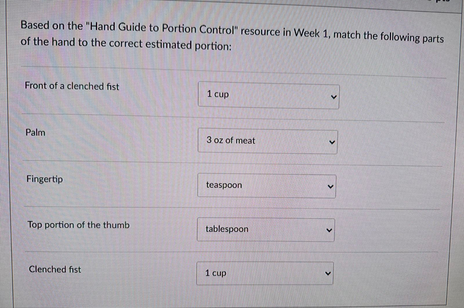 Solved Based on the "Hand Guide to Portion Control" resource | Chegg.com
