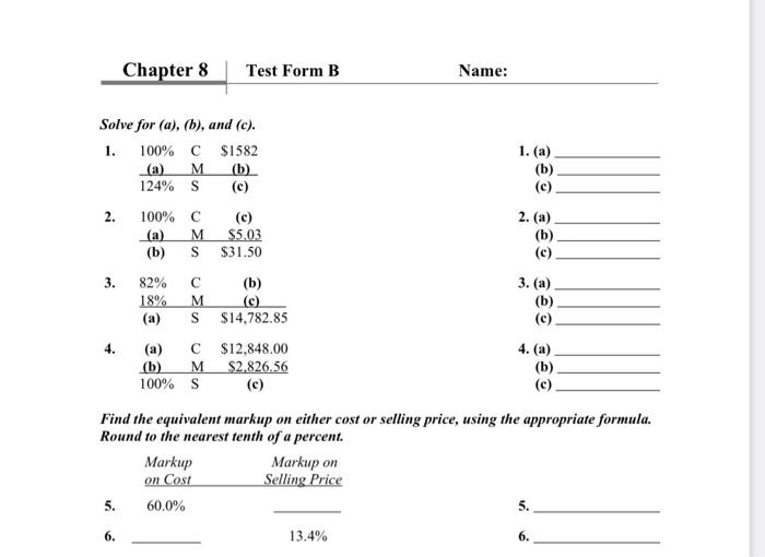 Solved Chapter 8 Test Form B Name: Solve for (a), (b), and | Chegg.com