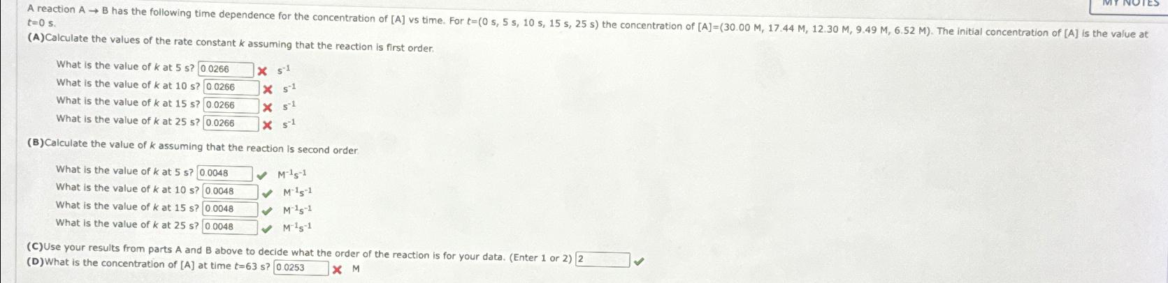 Solved t=0 ﻿s.(A)Calculate the values of the rate constant k | Chegg.com