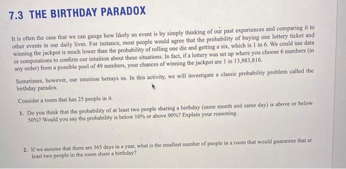 Solved 7.3 THE BIRTHDAY PARADOX It is often the case that we | Chegg.com