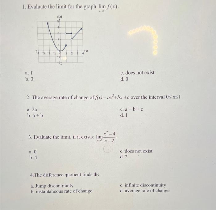 Solved 1. Evaluate the limit for the graph limx→1f(x). a. 1 | Chegg.com