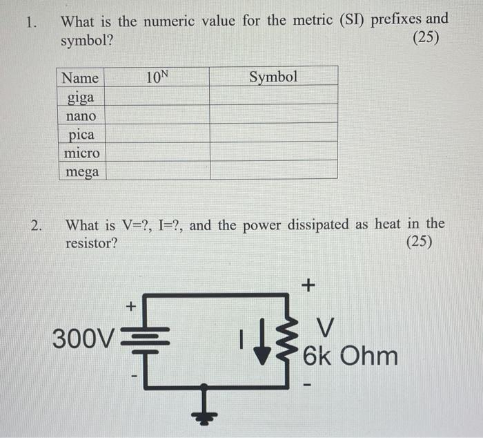 Solved 1. What is the numeric value for the metric (SI) | Chegg.com