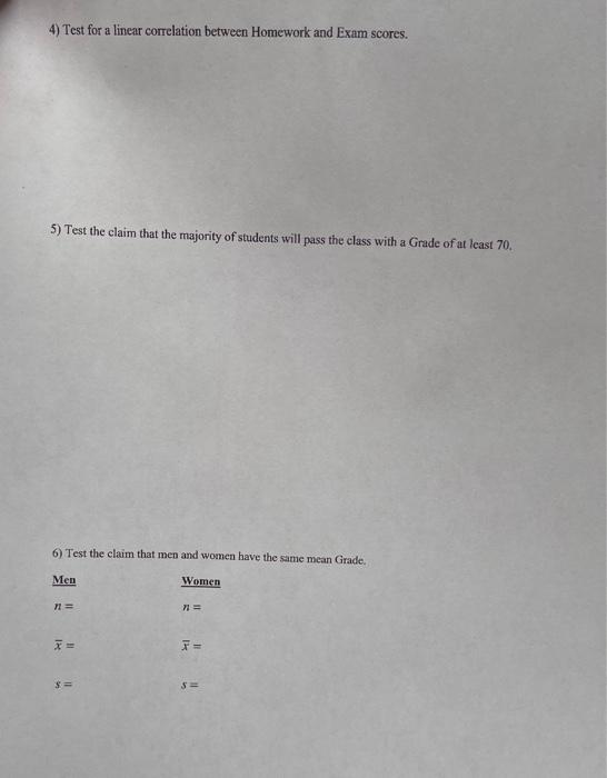 Solved 4) Test for a linear correlation between Homework and | Chegg.com