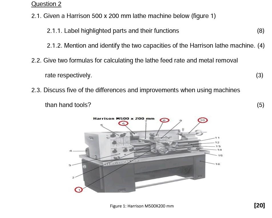 Solved 2.1. Given a Harrison 500×200 mm lathe machine below | Chegg.com
