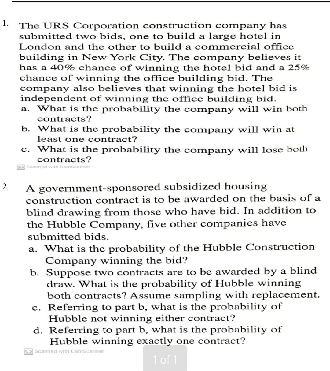 Solved 1. The URS Corporation construction company has | Chegg.com