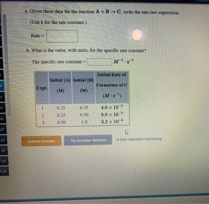 Solved [Rererer a. Given these data for the reaction A+B C, | Chegg.com