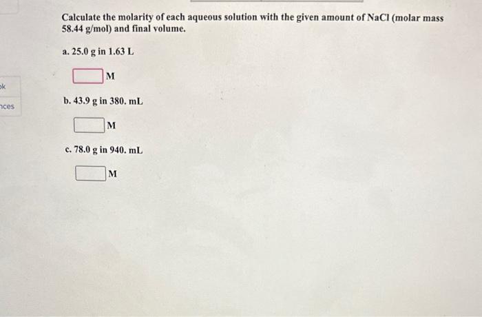 Solved Calculate the molarity of each aqueous solution with | Chegg.com